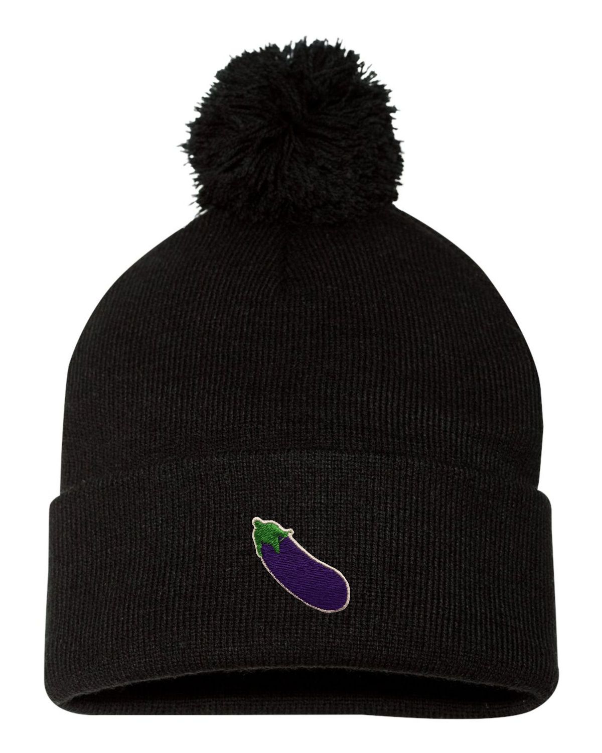 Eggplant Embroidered Knit Beanie Pom Cap