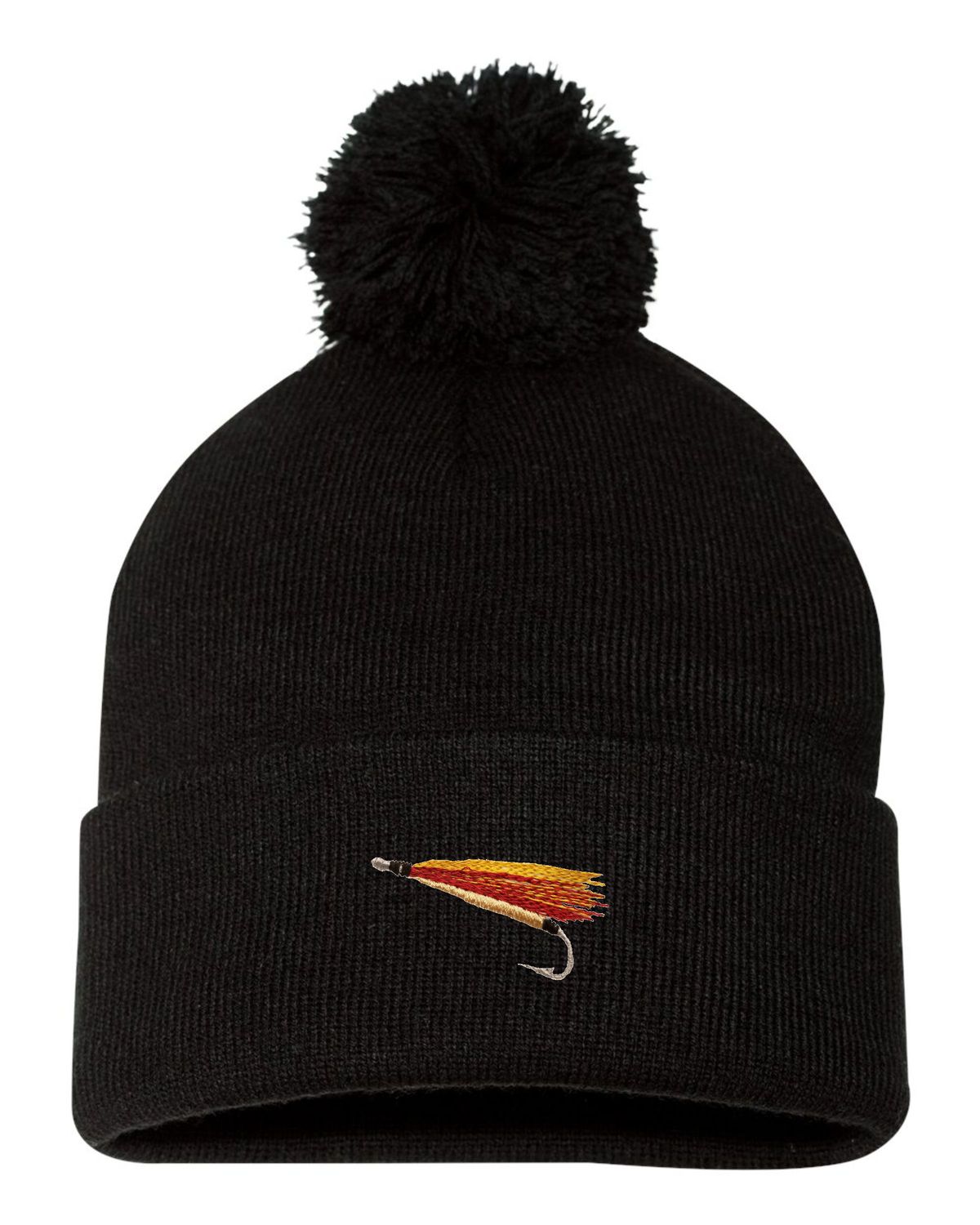 Fish Hook Embroidered Knit Beanie Pom Cap