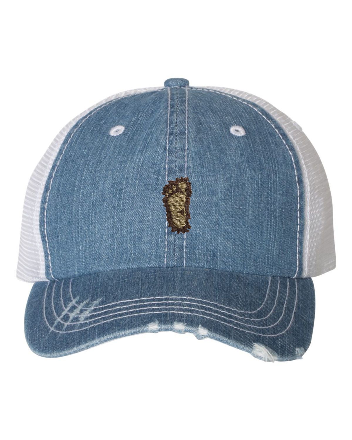 Bigfoot Sasquatch Footprint Embroidered Distressed Trucker Cap