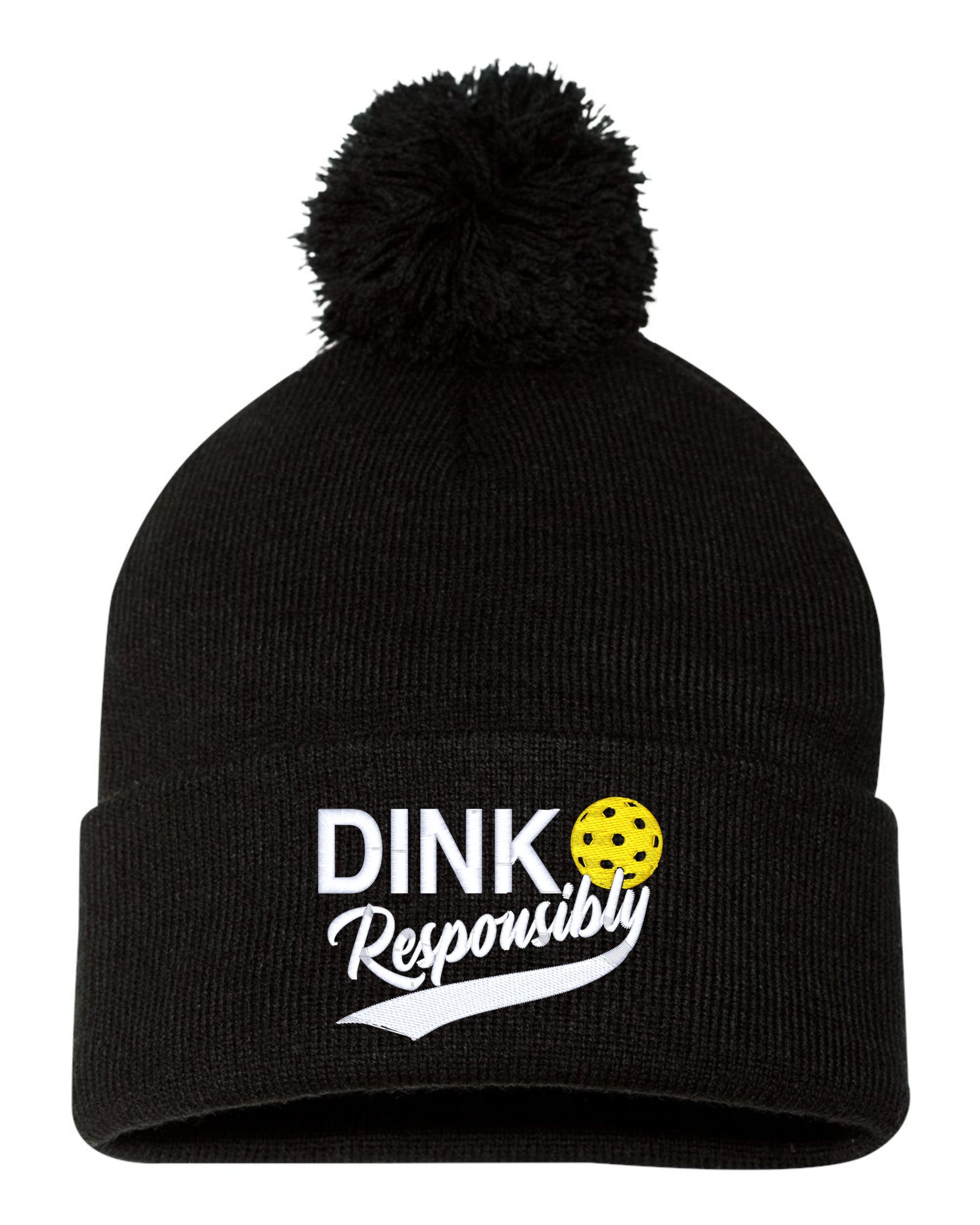 Dink Responsibly Funny Pickleball Embroidered Knit Beanie Pom Cap