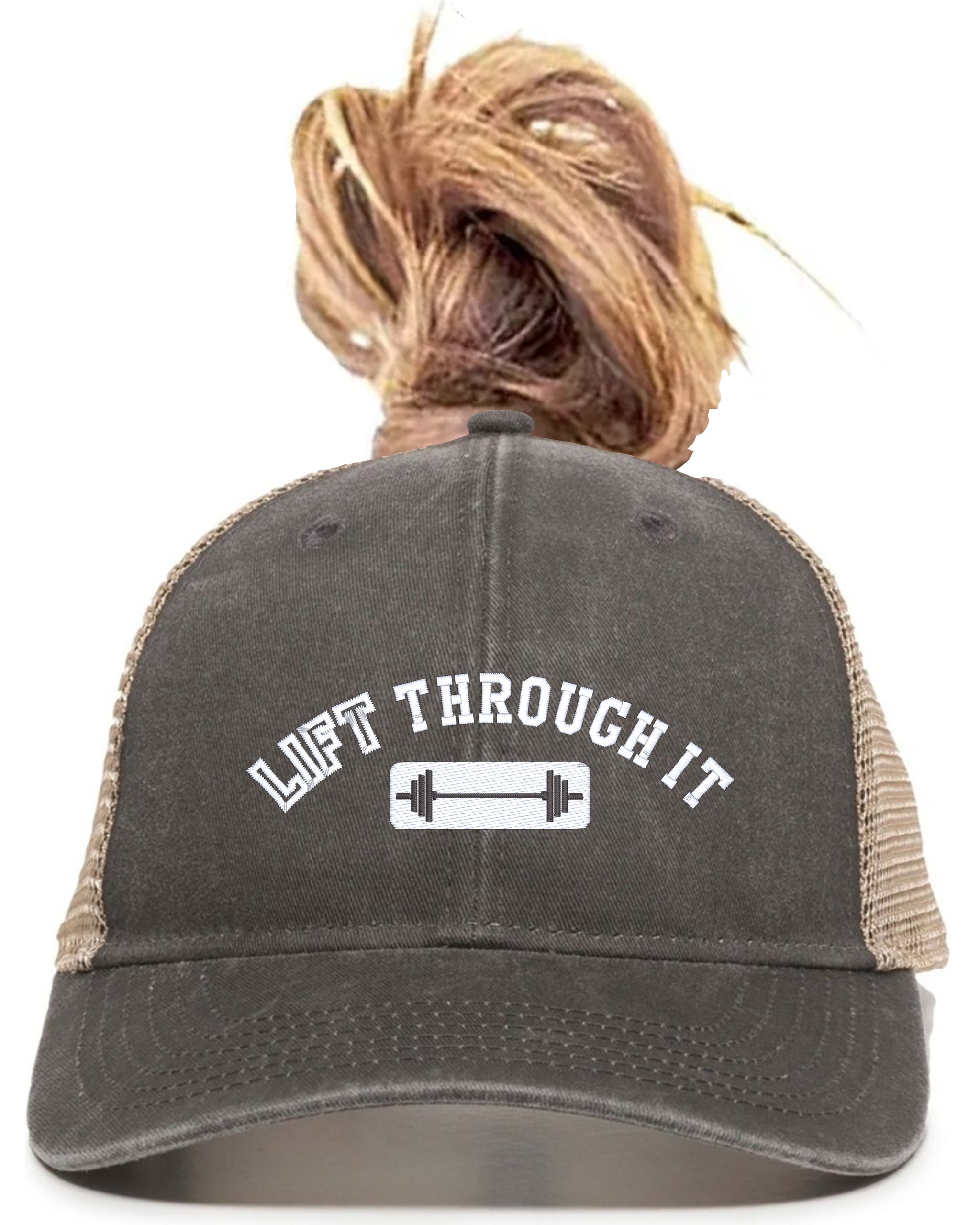 Lift Through It Motivational Gym Workout Ponytail Mesh Back Cap