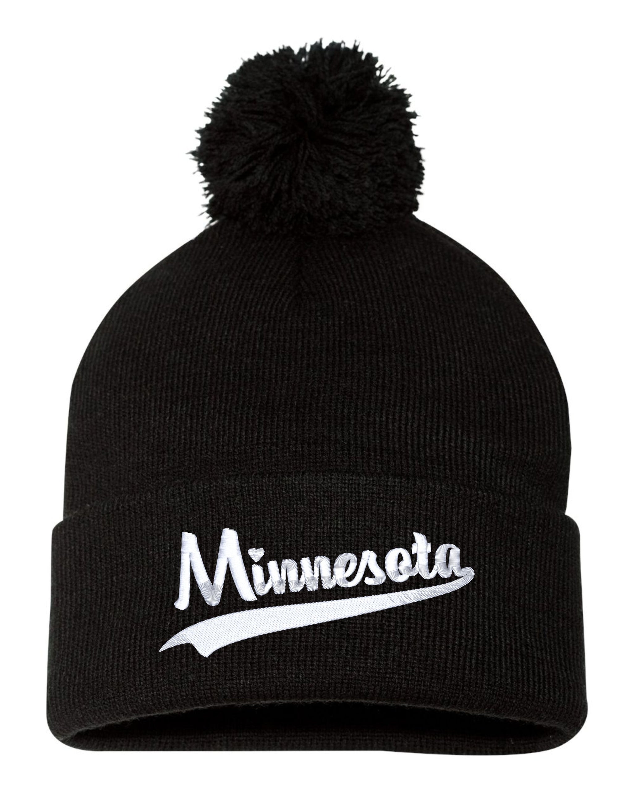 State Of Minnesota Script Embroidered Knit Beanie Pom Cap