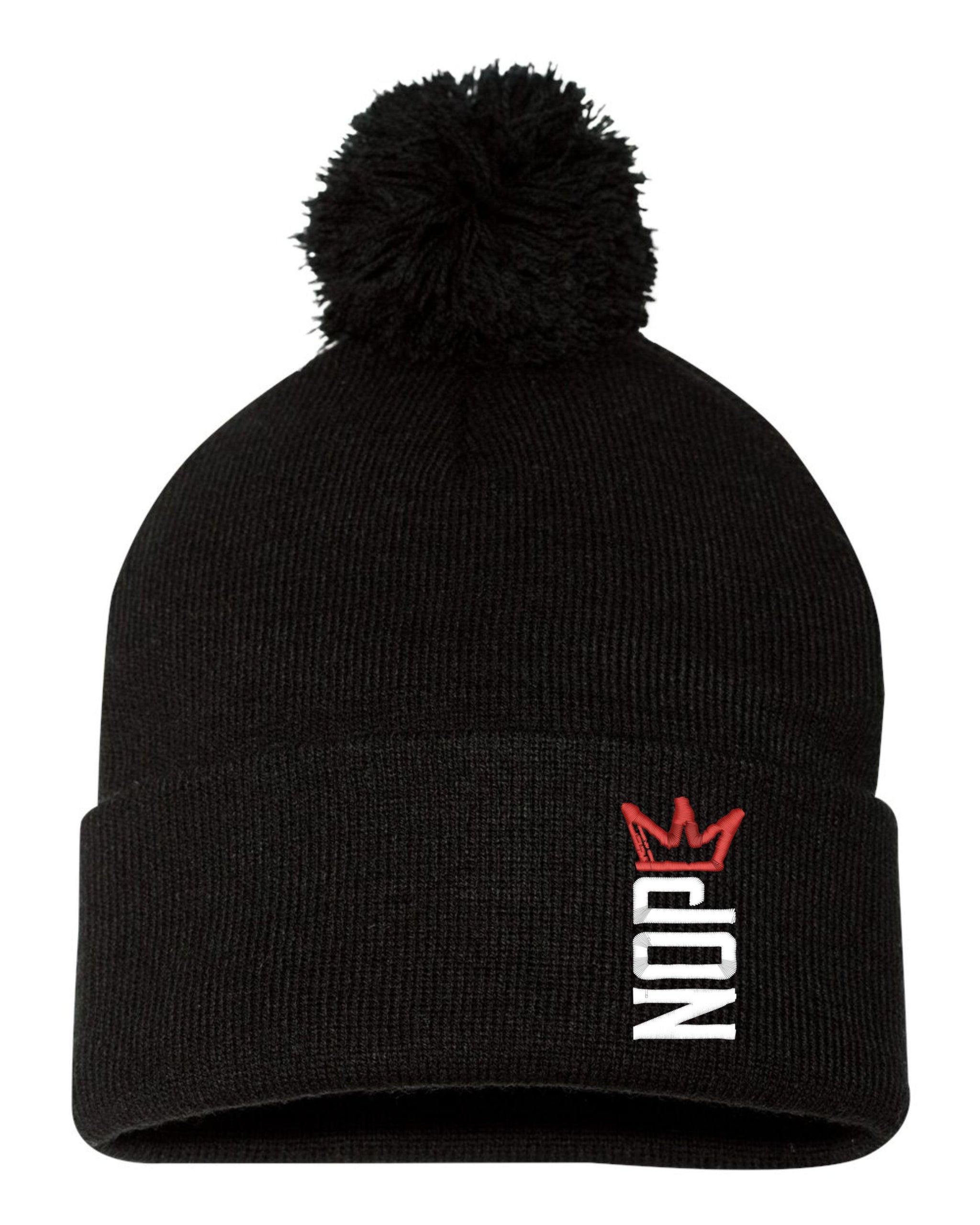 Nope Crown No Kings Left Panel Embroidered Knit Beanie Pom Cap