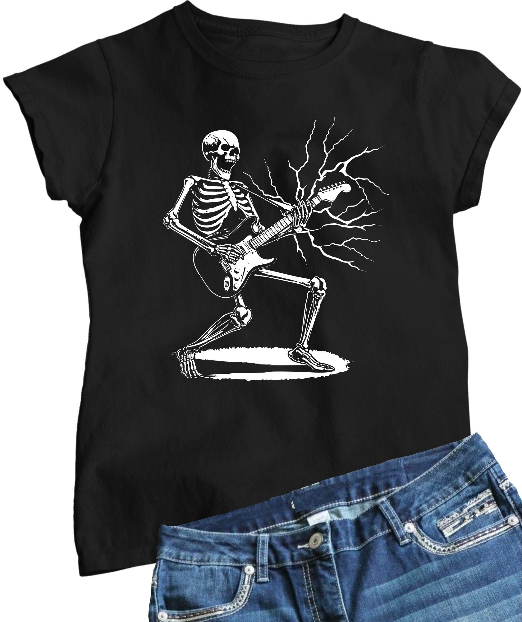 Rock & Roll Skeleton Shredding Playing Guitar Band Womens T-Shirt
