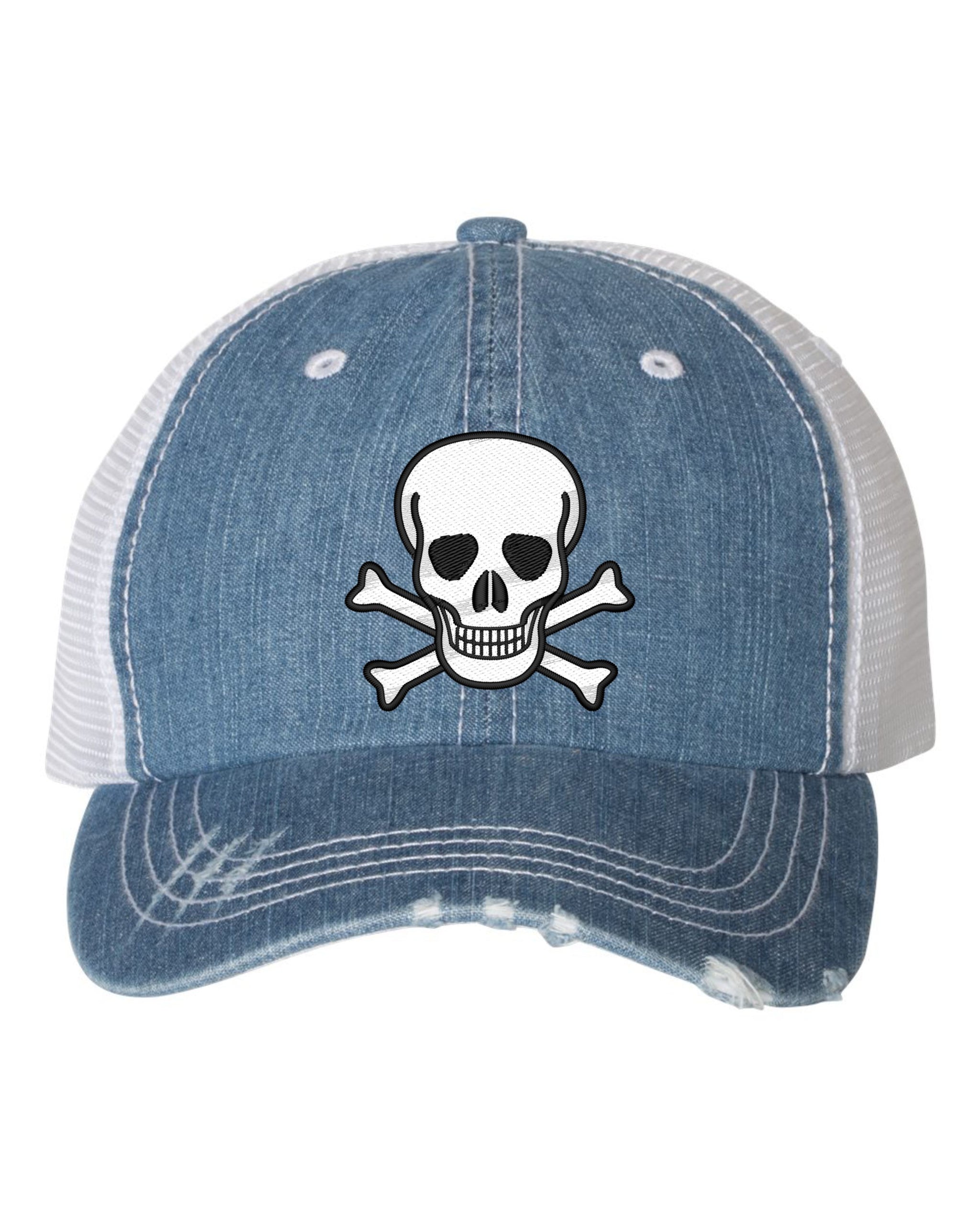 Skull & Crossbones Embroidered Distressed Trucker Cap