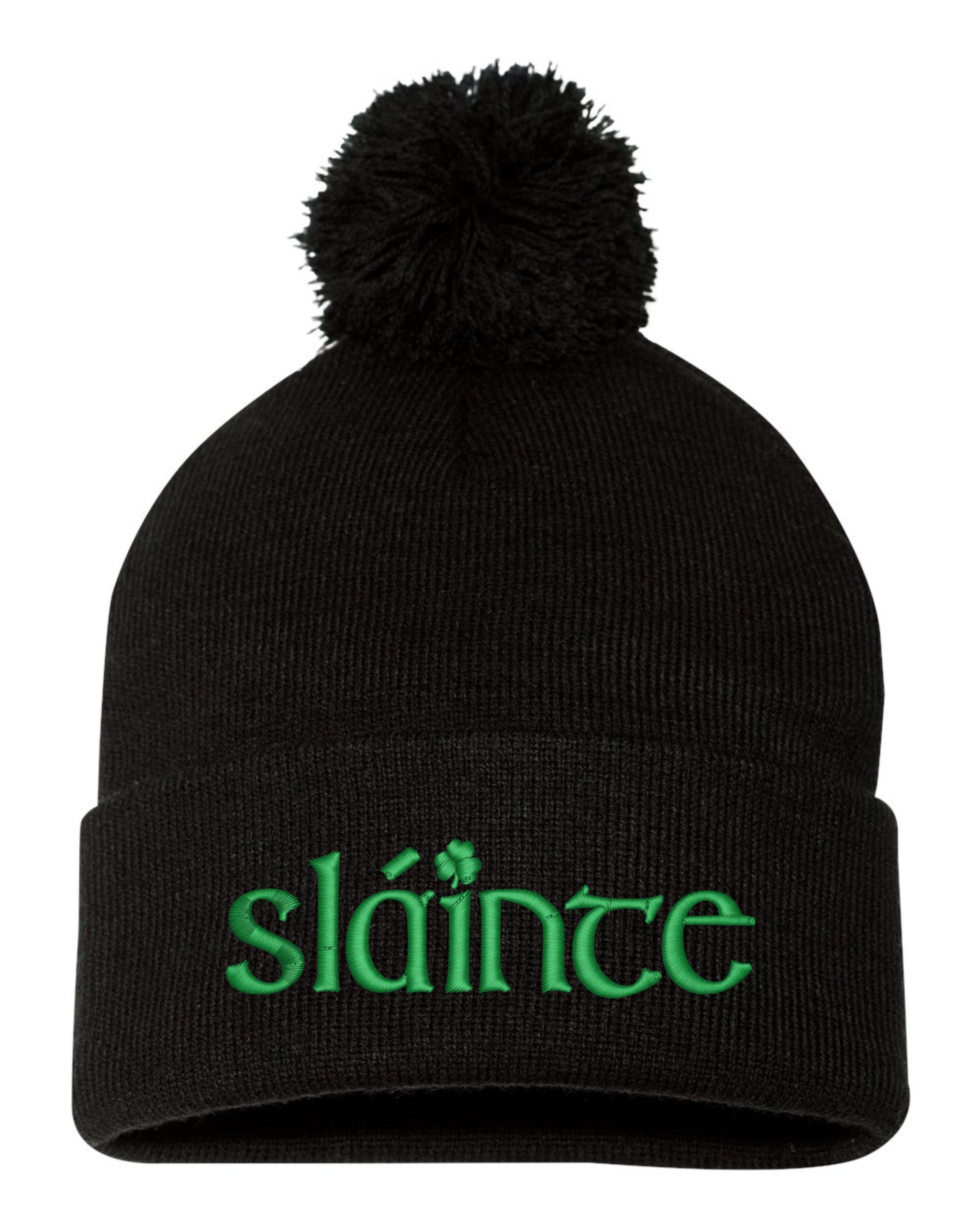 Slainte St Patricks Day Irish Cheers Embroidered Knit Beanie Pom Cap