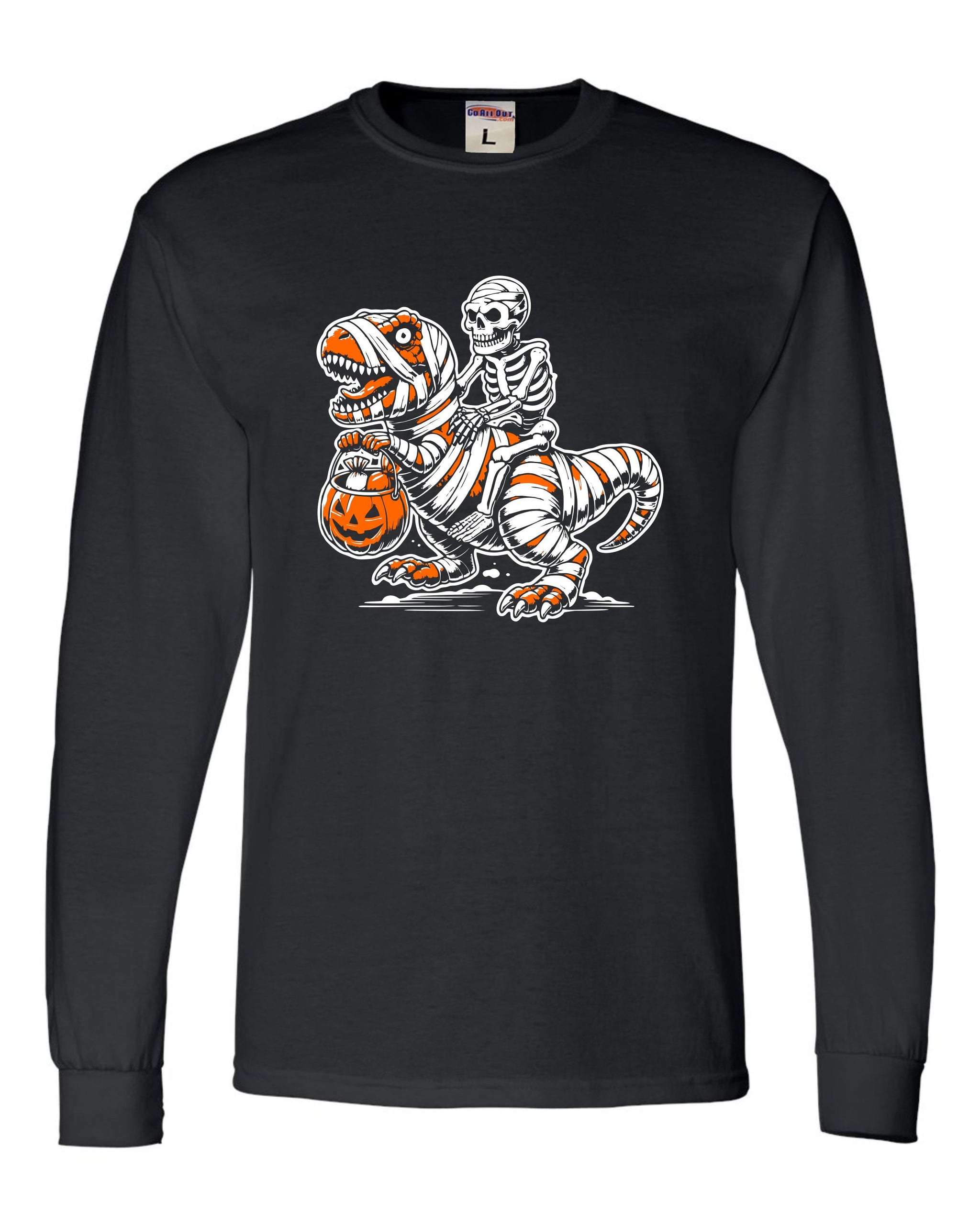 Skeleton Riding A Mummy T-Rex Trick Or Treating Unisex Long Sleeve T-S