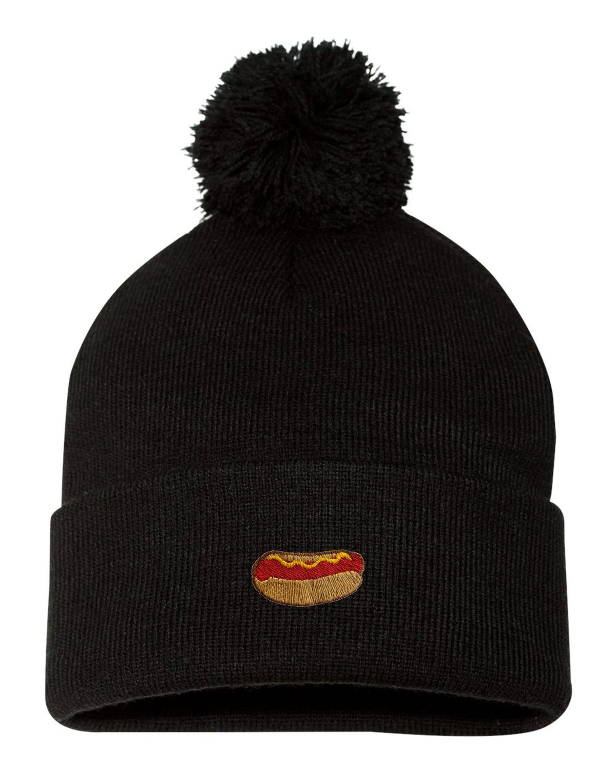 Hot Dog Embroidered Knit Beanie Pom Cap