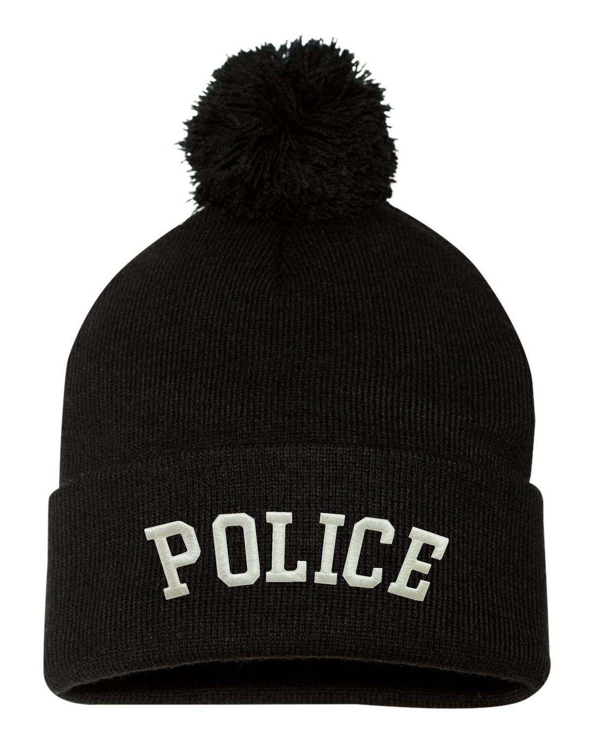 Police Embroidered Knit Beanie Pom Cap