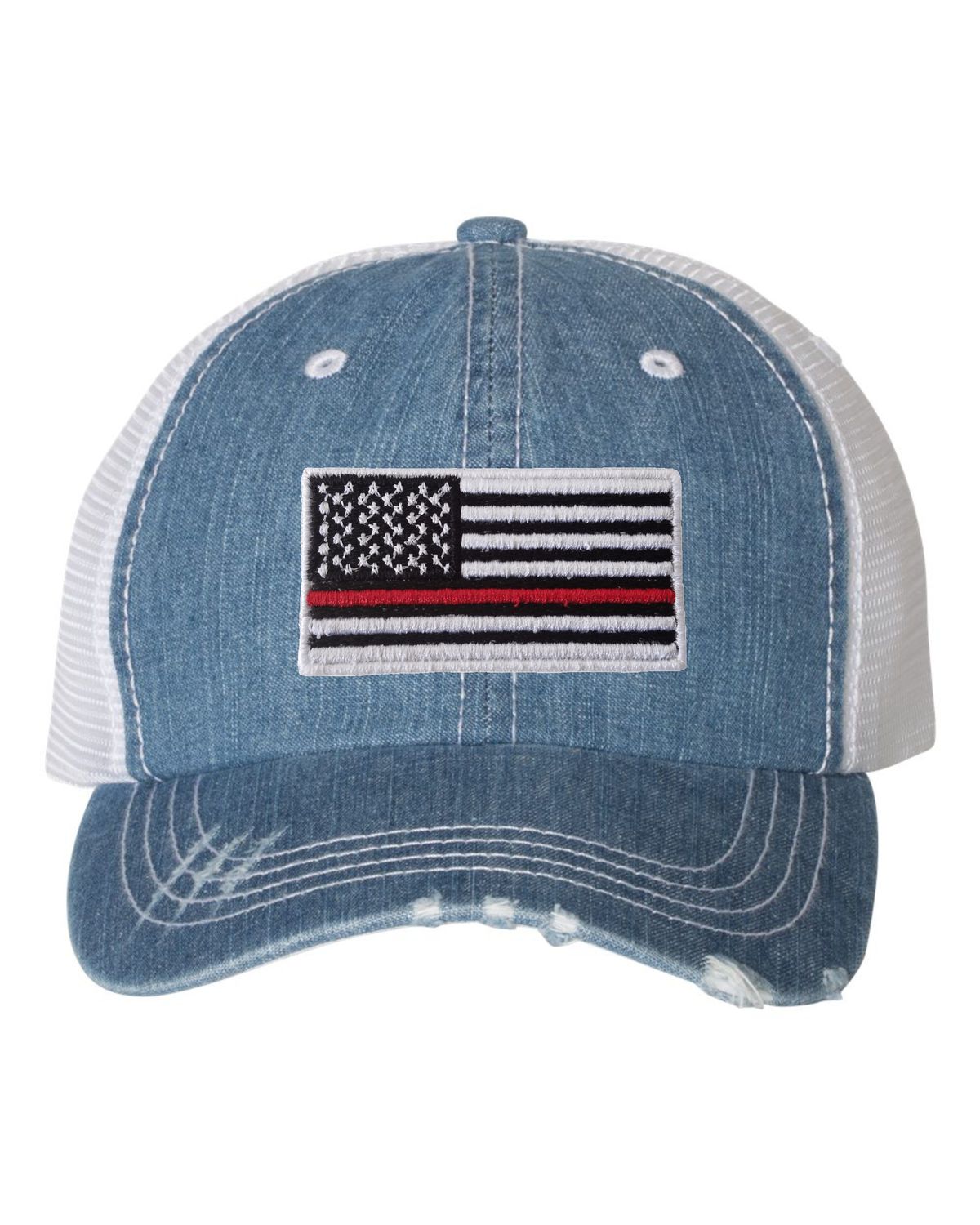 Thin Red Line Flag Embroidered Distressed Trucker Cap