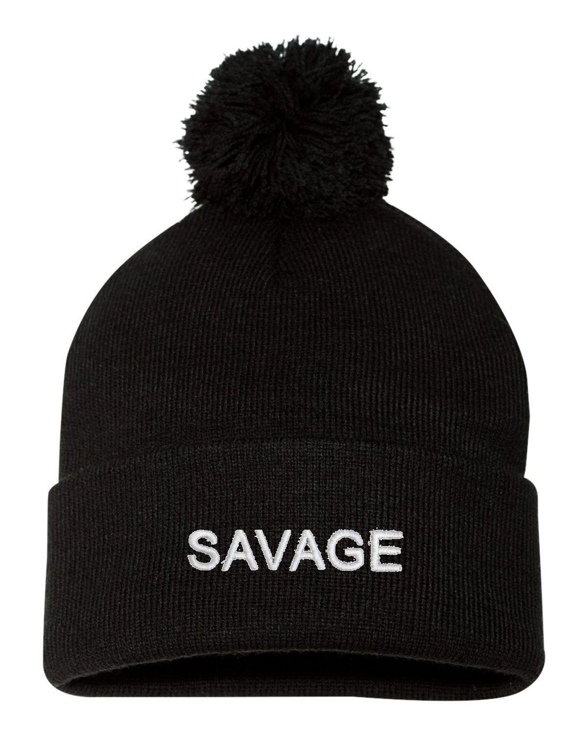 Savage Embroidered Knit Beanie Pom Cap